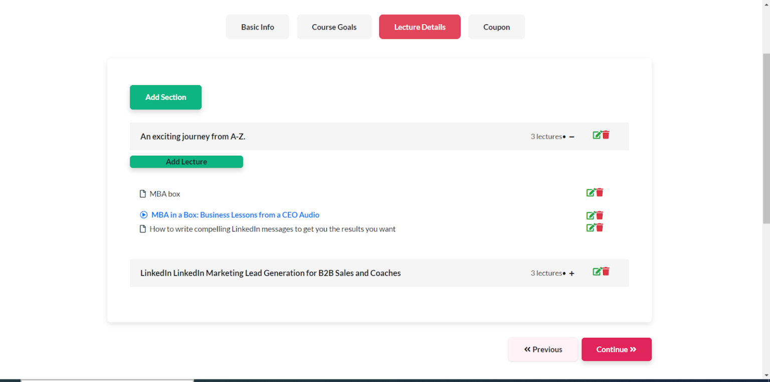 How many sections can be present in Lectures. – Pinlearn Knowledge base